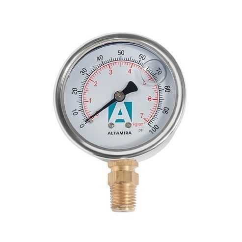MANOMETRO GLICERINA ALTAMIRA 0-100 PSI CONEXION BASE – HYDRA BOMBAS Y EQUIPOS